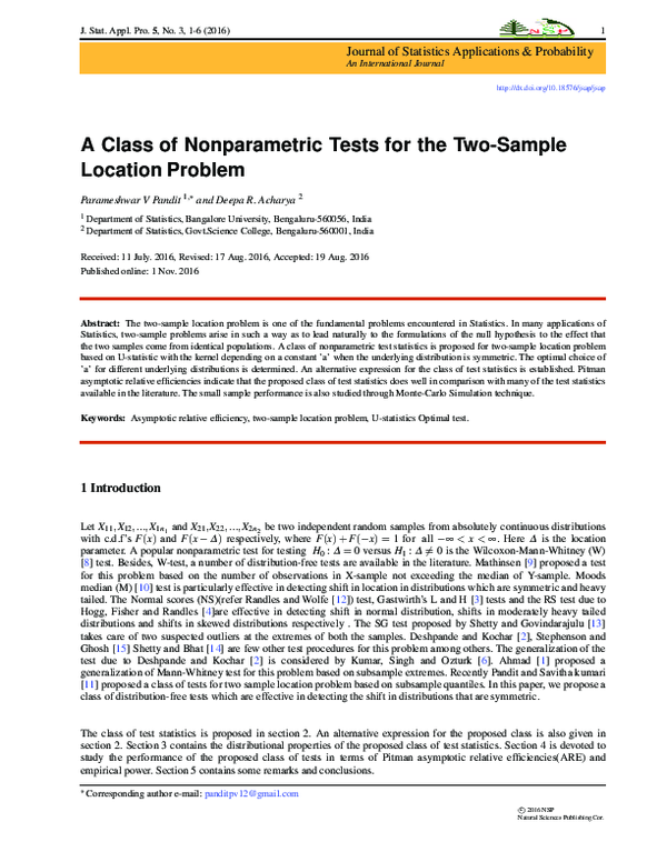Pdf A Class Of Nonparametric Tests For The Two Sample Location Problem