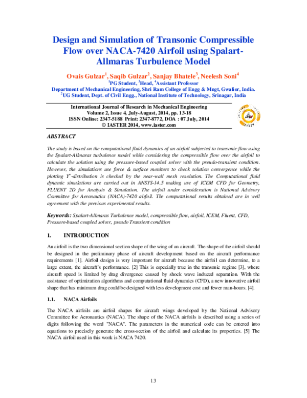 (PDF) Design and Simulation of Transonic Compressible Flow over NACA-7420 Airfoil using ...