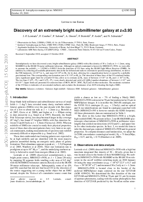 (PDF) Discovery of an extremely bright submillimeter galaxy at z=3.93