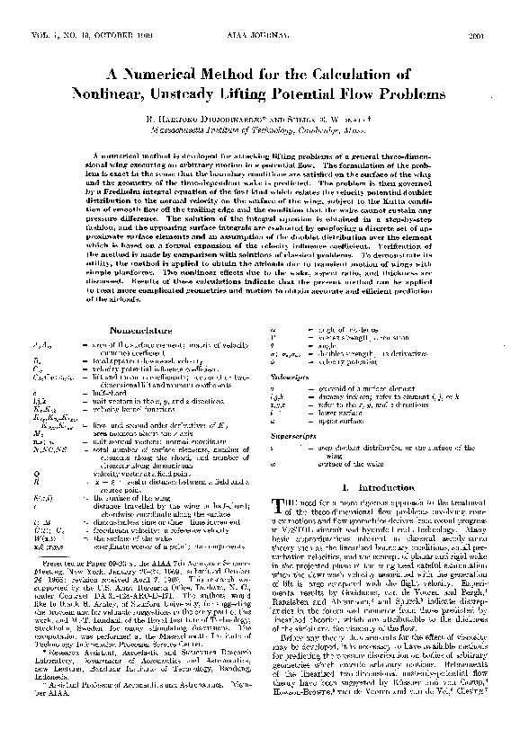 (PDF) A numerical method for the calculation of nonlinear, unsteady lifting potential flow problems