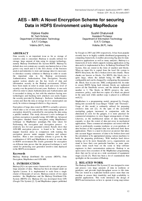 (PDF) AES – MR: A Novel Encryption Scheme for securing Data in HDFS Environment using MapReduce
