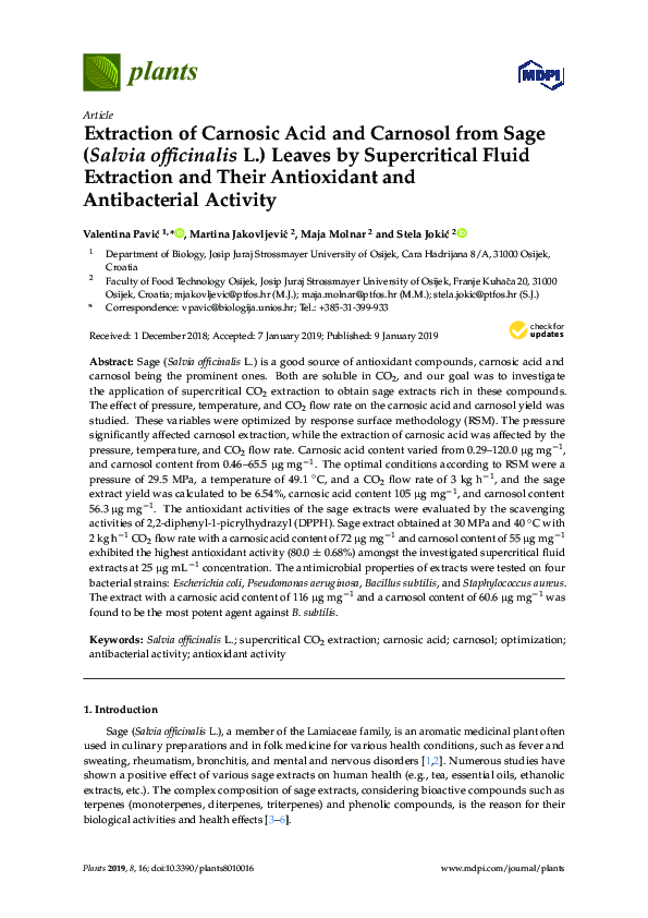 (PDF) Extraction of Carnosic Acid and Carnosol from Sage (Salvia officinalis L.) Leaves by ...
