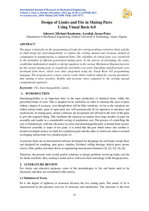 (PDF) Design of Limits and Fits in Mating Parts Using Visual Basic 6.0