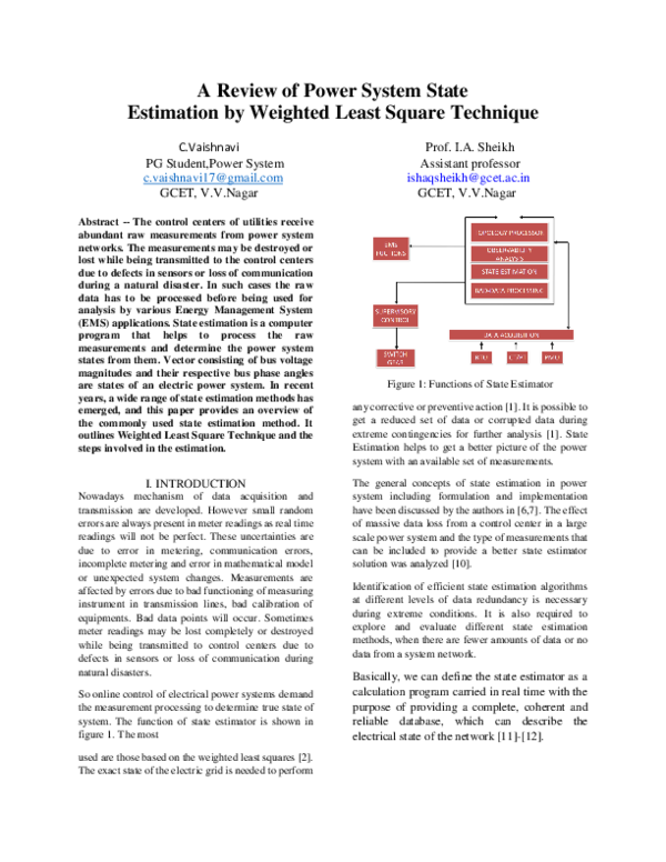 Pdf A Review Of Power System State Estimation By Weighted Least