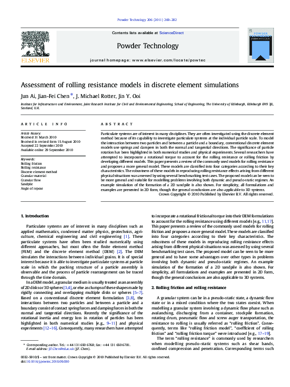 Pdf Assessment Of Rolling Resistance Models In Discrete Element Simulations