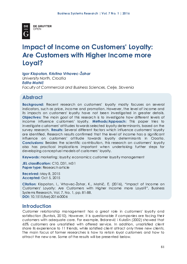 (PDF) Impact of Income on Customers' Loyalty: Are Customers with Higher ...