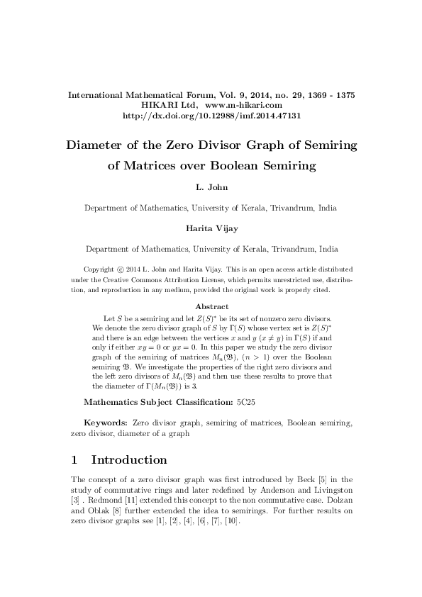 (PDF) Diameter of the zero divisor graph of semiring of matrices over Boolean semiring
