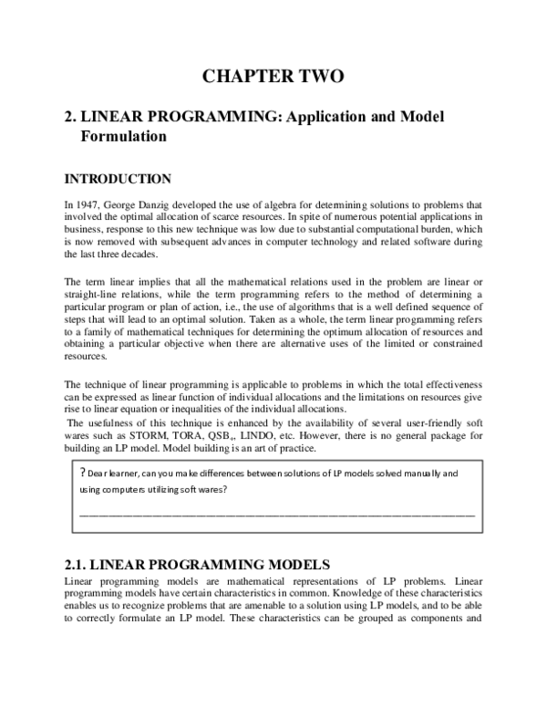 (PDF) CHAPTER TWO 2 LINEAR PROGRAMMING Applica (PDF) CHAPTER TWO 2 LINEAR PROGRAMMING Applica