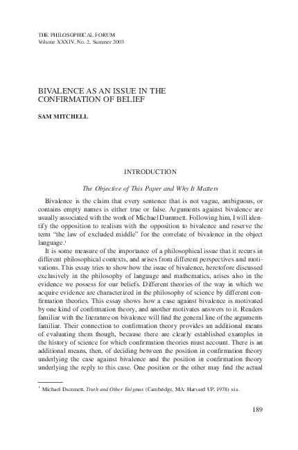 (PDF) Bivalence as an Issue in the Confirmation of Belief