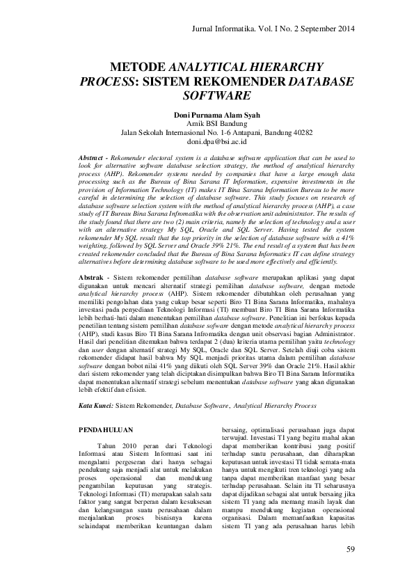 (PDF) Metode Analytical Hierarchy Process: Sistem Rekomender Database Software