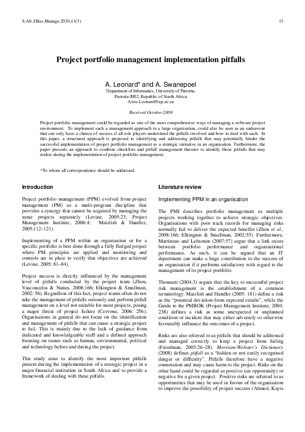 (PDF) Project portfolio management implementation pitfalls