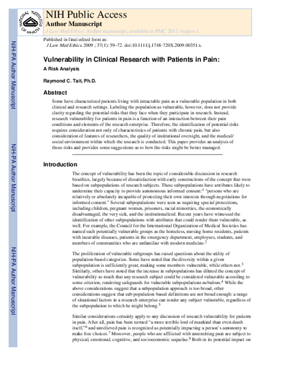 (PDF) Vulnerability in Clinical Research with Patients in Pain: A Risk ...