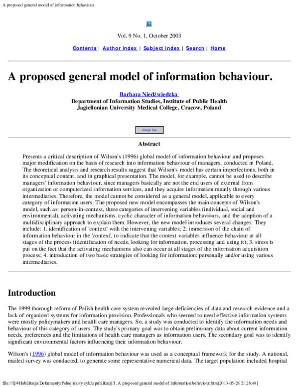 (PDF) A proposed general model of information behaviour