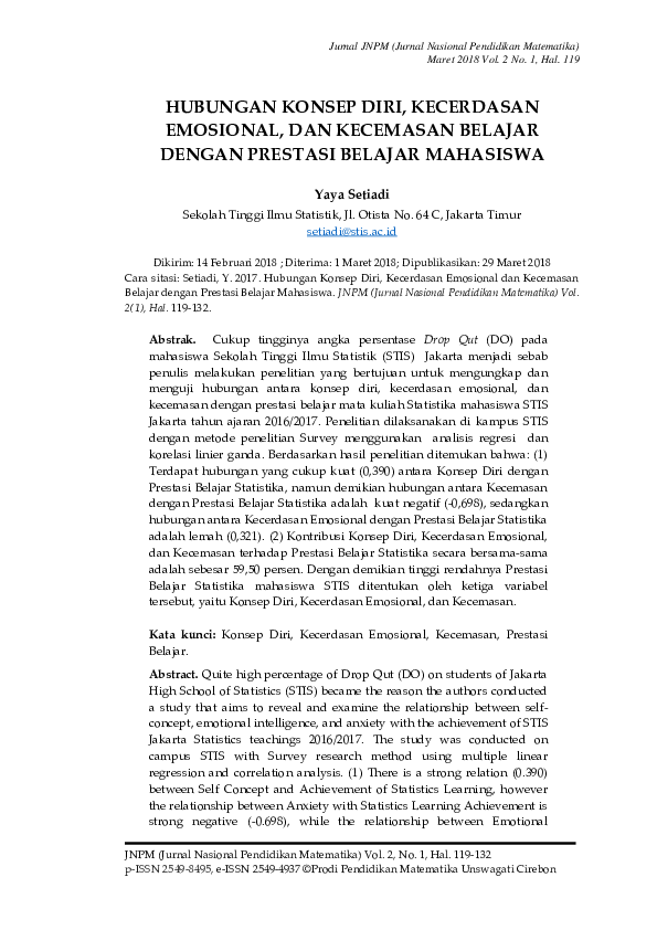 (PDF) Hubungan Konsep Diri, Kecerdasan Emosional, dan Kecemasan Belajar dengan Prestasi Belajar ...