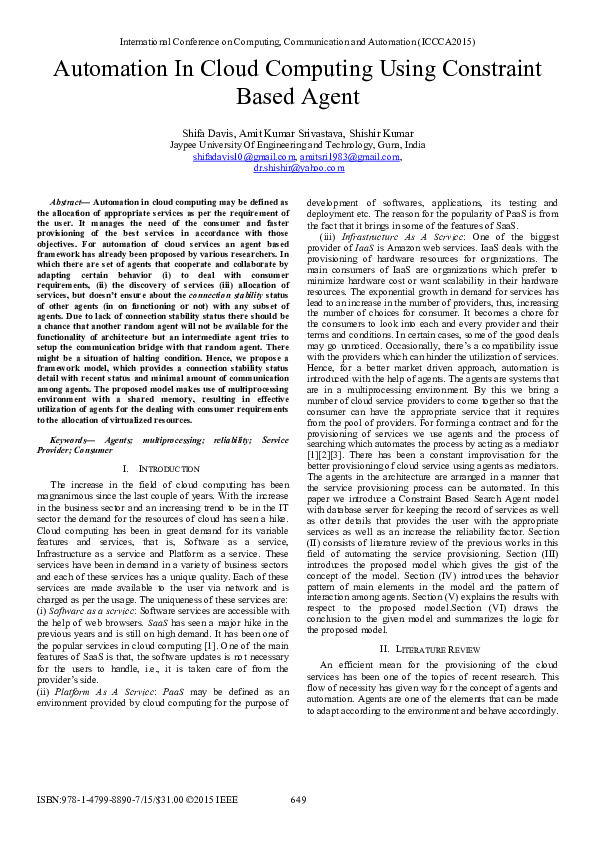 (PDF) Automation in cloud computing using constraint based agent