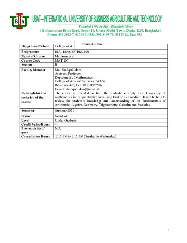 (DOC) Course Outline of MAT 107 (B) OBE SI_Summer 2021