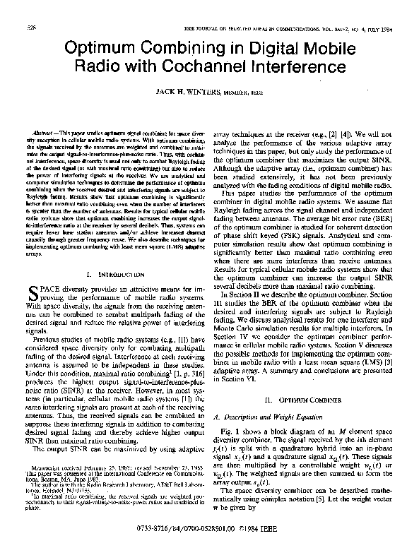 (PDF) Optimum Combining in Digital Mobile Radio with Cochannel Interference