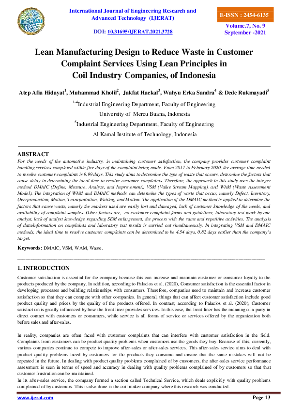 (PDF) Lean Manufacturing Design to Reduce Waste in Customer Complaint Services Using Lean ...