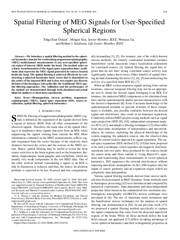 Pdf Spatial Filtering Of Meg Signals For User Specified Spherical Regions