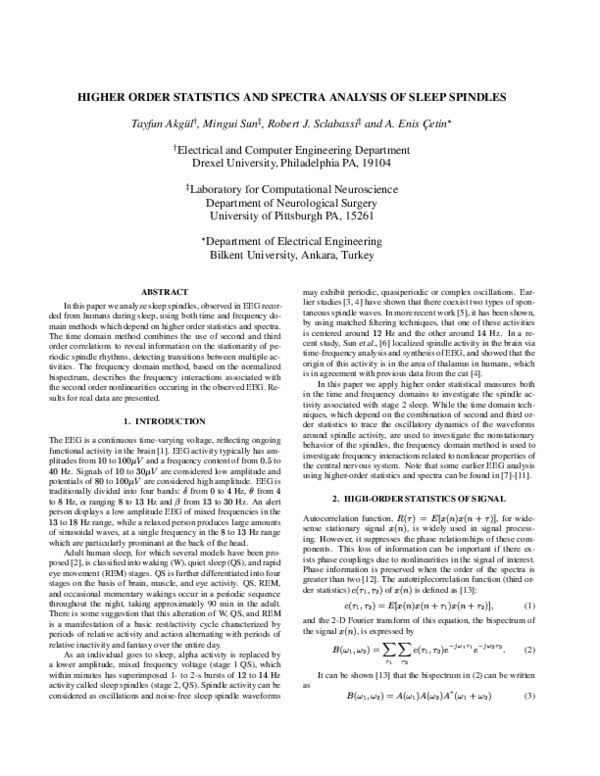 (PDF) Higher order statistics and spectra analysis of sleep spindles