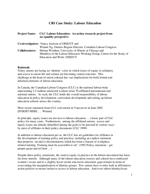 (PDF) Project Name: CLC Labour Education: An action research project ...