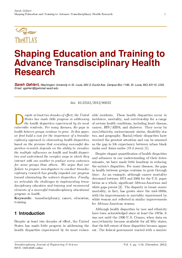 (PDF) Shaping Education and Training to Advance Transdisciplinary ...