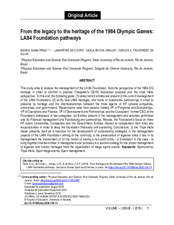 (PDF) From the legacy to the heritage of the 1984 Olympic Games: LA84 ...
