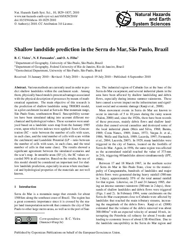 (PDF) Shallow landslide prediction in the Serra do Mar, São Paulo, Brazil
