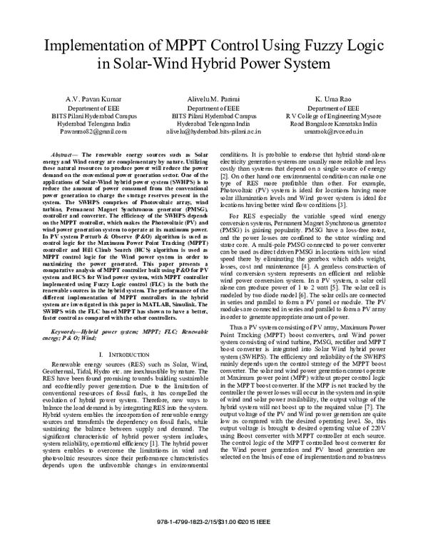 Pdf Implementation Of Mppt Control Using Fuzzy Logic In Solar Wind