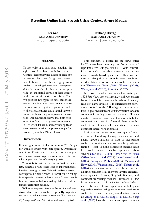 (PDF) Detecting Online Hate Speech Using Context Aware Models