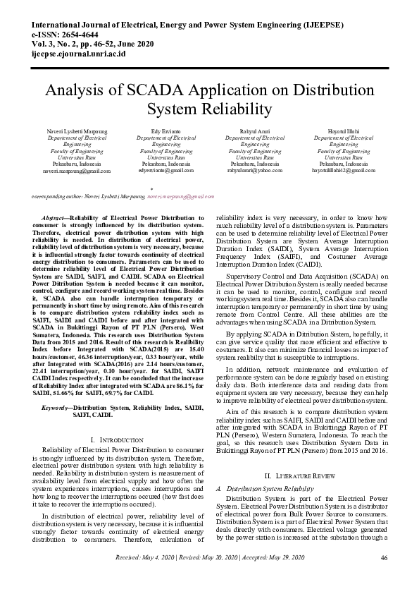 Pdf Analysis Of Scada Application On Distribution System Reliability