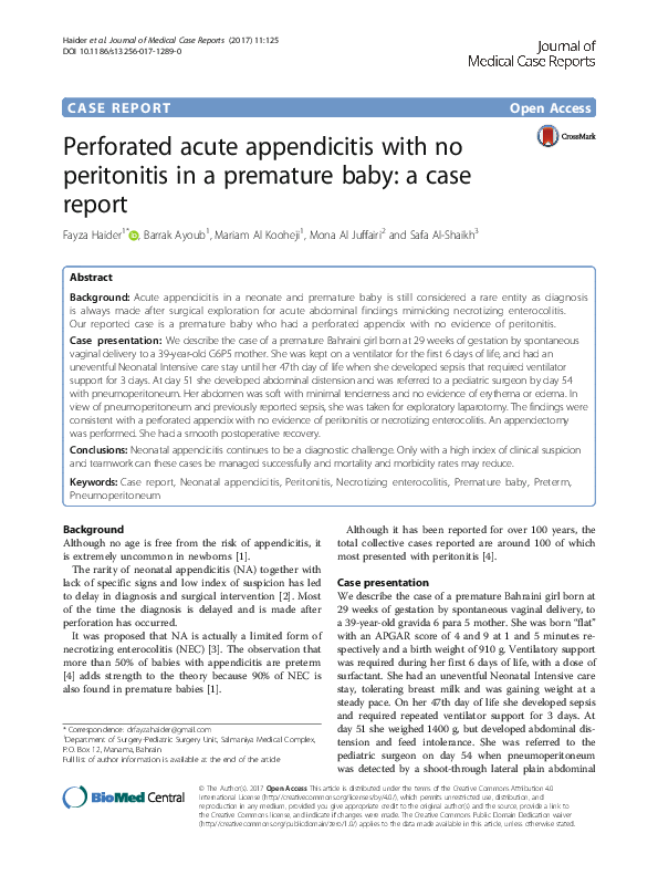 (PDF) Perforated acute appendicitis with no peritonitis in a premature ...