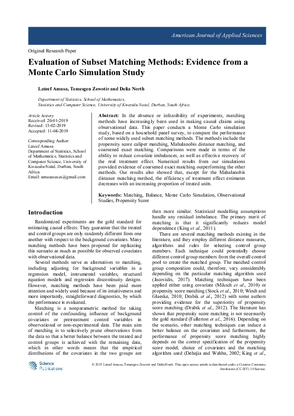 (PDF) Evaluation of Subset Matching Methods: Evidence from a Monte Carlo Simulation Study ...