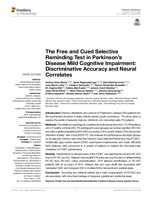 (PDF) The Free and Cued Selective Reminding Test in Parkinson's Disease ...