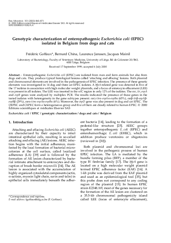 (PDF) Genotypic characterization of enteropathogenic Escherichia coli (EPEC) isolated in Belgium ...