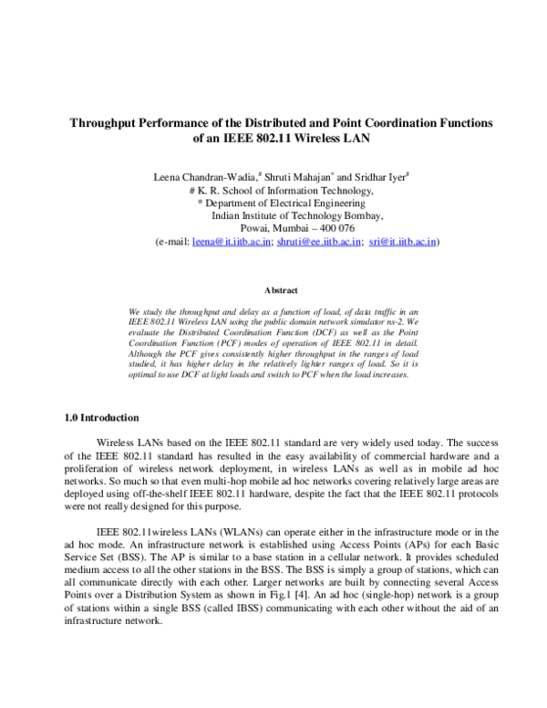 (PDF) Throughput Performance of the Distributed and Point Coordination Functions