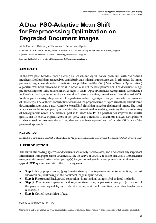 Pdf A Dual Pso Adaptive Mean Shift For Preprocessing Optimization On Degraded Document Images