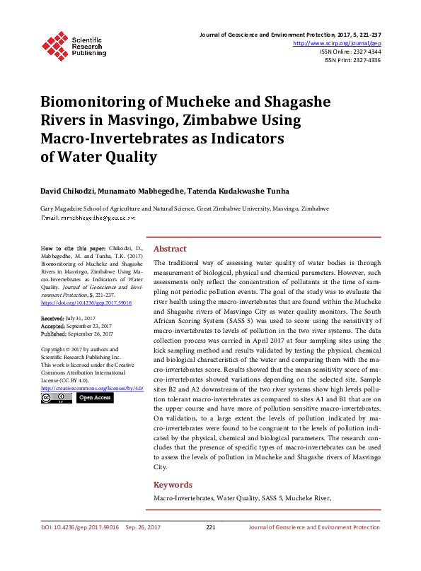 (PDF) Biomonitoring of Mucheke and Shagashe Rivers in Masvingo ...