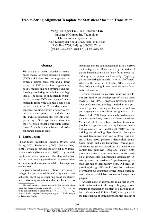 (PDF) Tree-to-String Alignment Template for Statistical Machine Translation