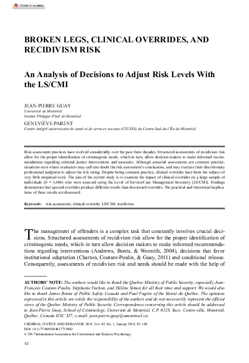 (PDF) Broken Legs, Clinical Overrides, and Recidivism Risk: An Analysis ...