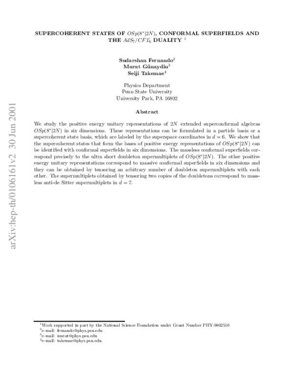(PDF) Supercoherent states of , conformal superfields and the AdS7/CFT6 ...