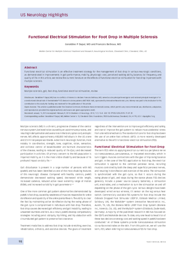 (PDF) Functional Electrical Stimulation for Foot Drop in Multiple Sclerosis