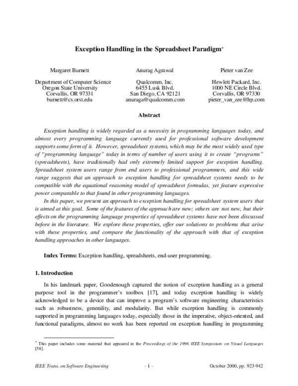 (PDF) Exception handling in the spreadsheet paradigm