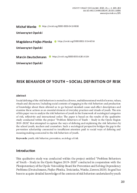 (PDF) Risk behavior of youth – social definition of risk