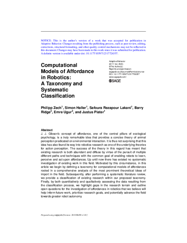 Pdf Computational Models Of Affordance In Robotics A Taxonomy And Systematic Classification 