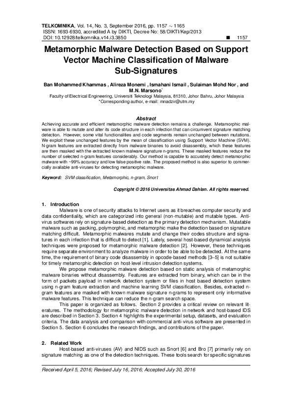(PDF) Metamorphic Malware Detection Based on Support Vector Machine ...