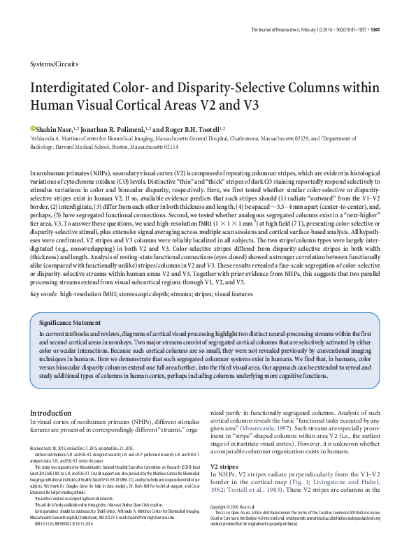 (PDF) Interdigitated Color- and Disparity-Selective Columns within Human Visual Cortical Areas ...