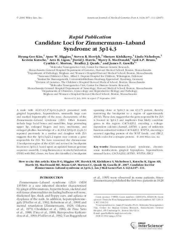 (PDF) Candidate loci for Zimmermann–Laband syndrome at 3p14.3
