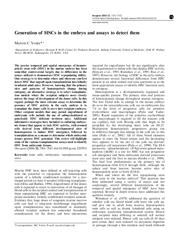 (PDF) Generation of HSCs in the embryo and assays to detect them