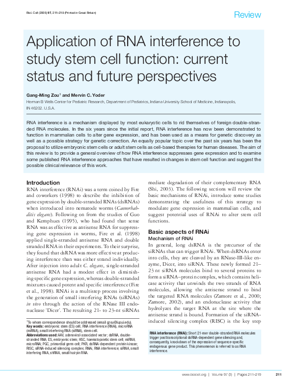 (PDF) Application of RNA interference to study stem cell function: current status and future ...